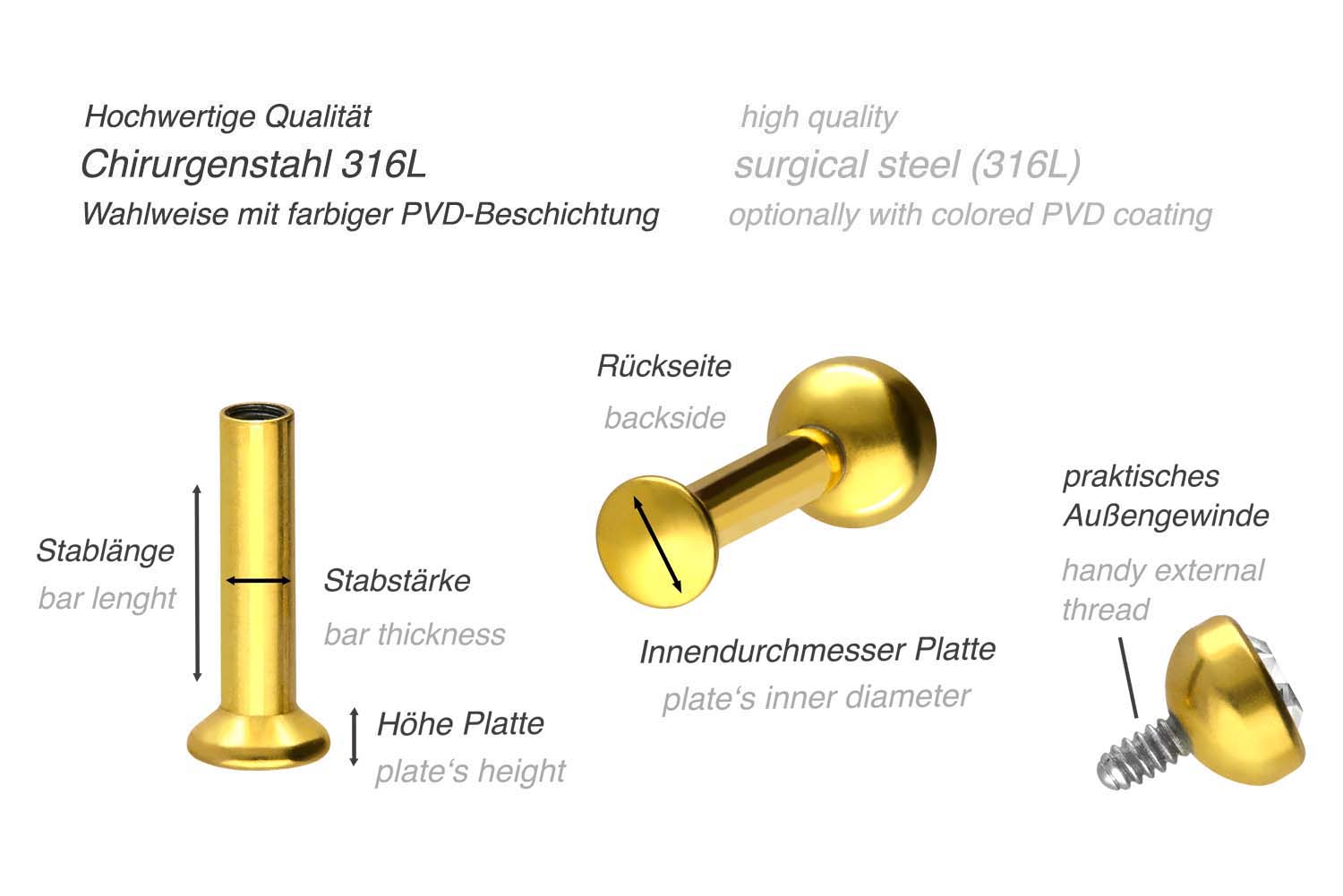 Surgical steel triple piercing labret with internal thread FLAT DISC ...